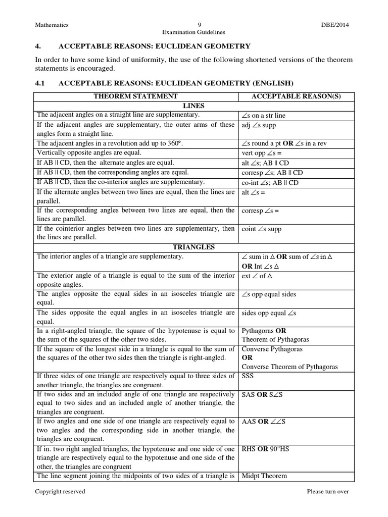 CAPS Eucl Geom Acceptable Reasons Grade12 | PDF | Circle | Triangle