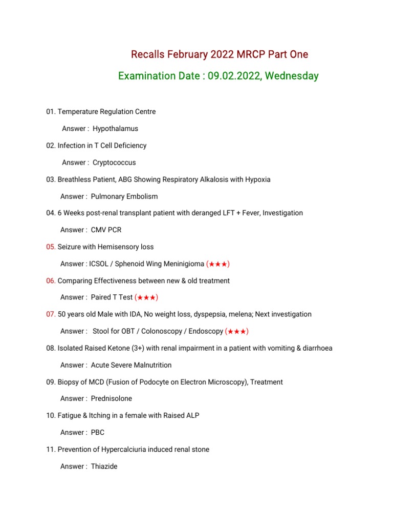 Exam Recalls - MRCP - Part One - February 2022 | PDF