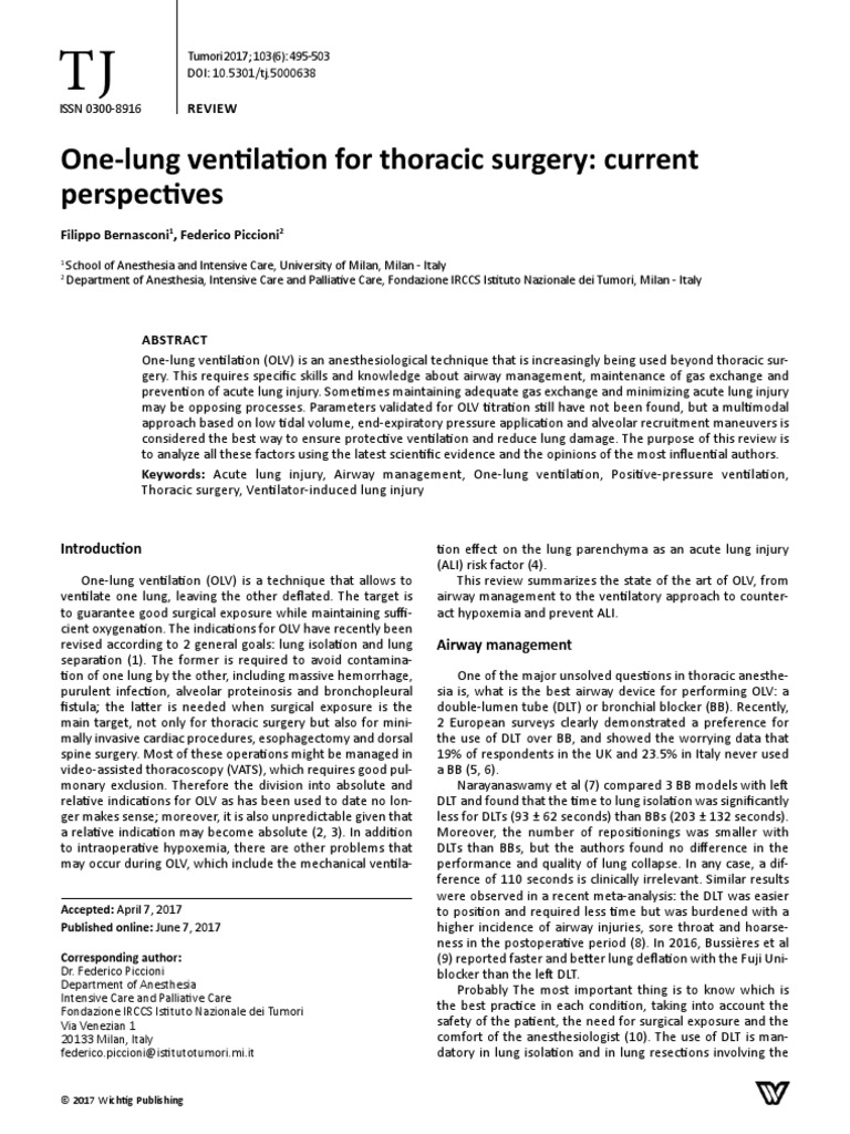One Lung Ventilation For Thoracic Surgery | Download Free PDF | Lung ...