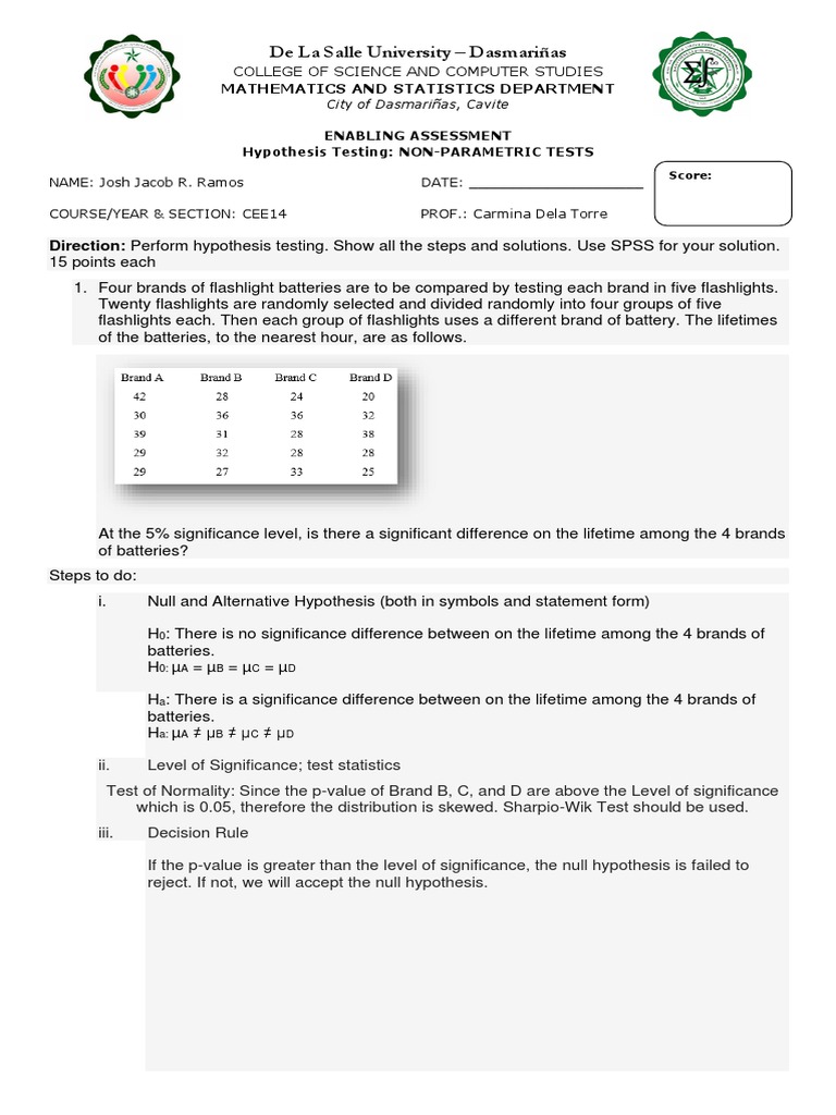 Non Paramatric | PDF | P Value | Statistics