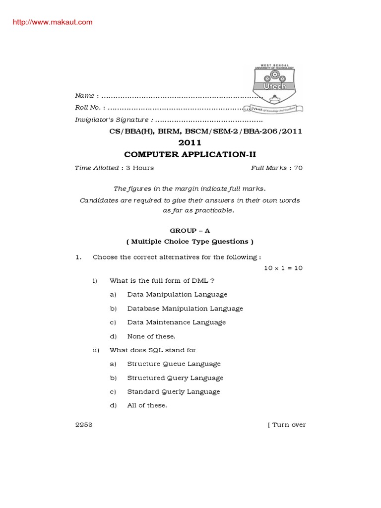 Bba Bba 206 Computer Application 2 2011 | PDF | Databases | Sql