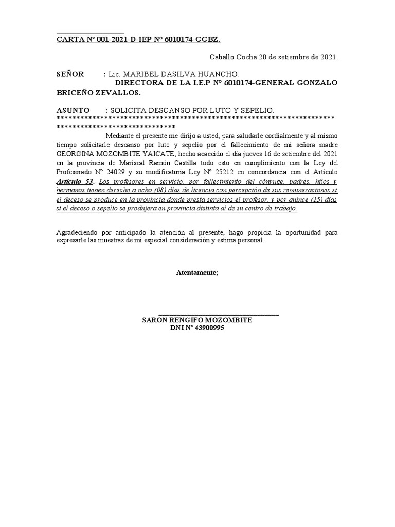 Carta Solicitando Permiso Por Fallecimiento Ugel | PDF