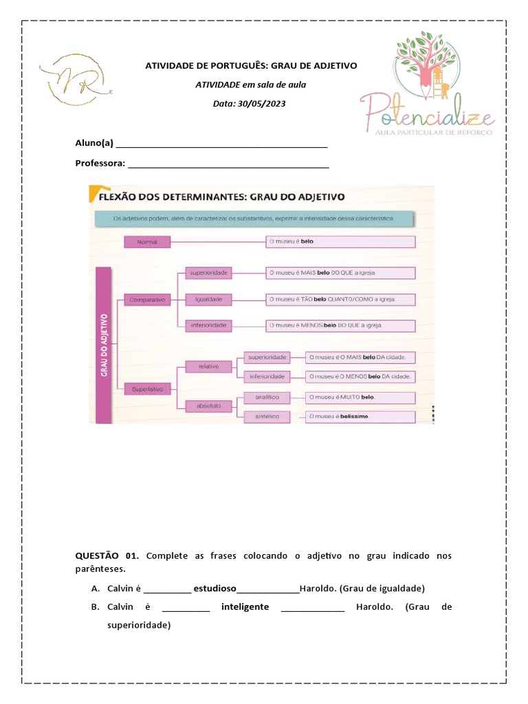 Atividade de Português - Grau de Adjetivos 4º ANO | PDF