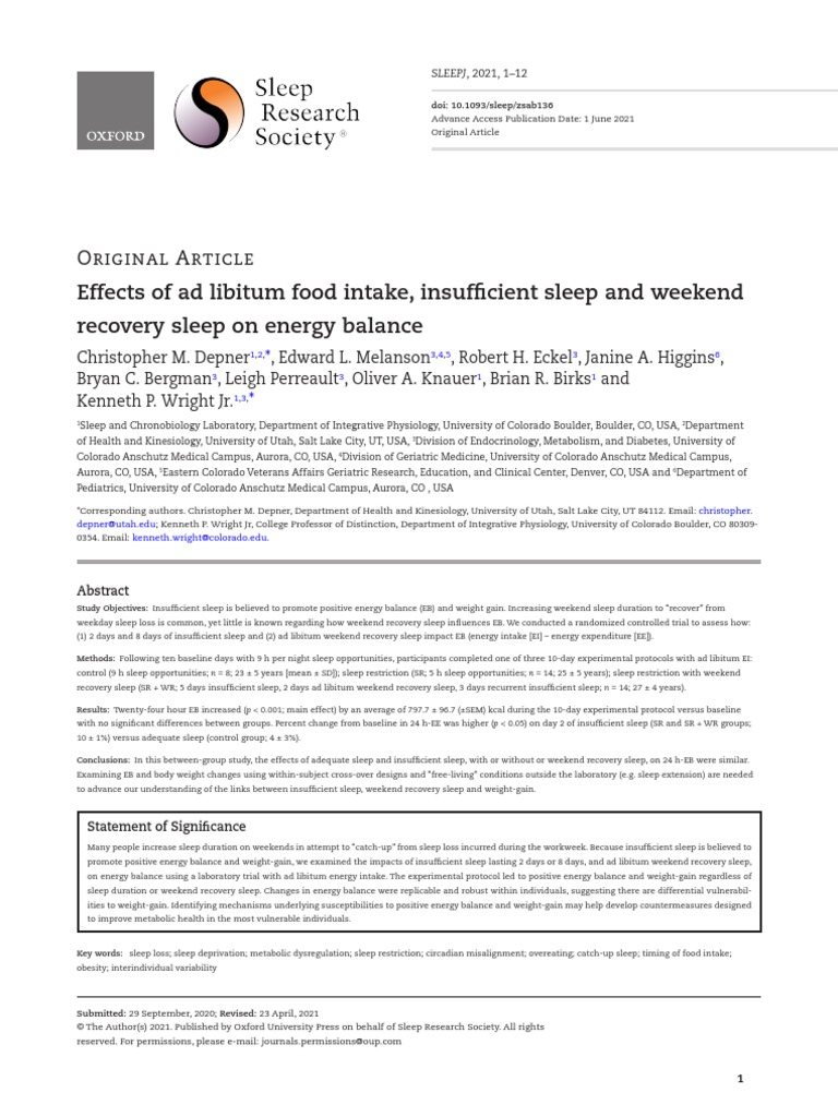 Effects of Ads Libitum Food Intake, Insufficient Sleep and Weekend ...
