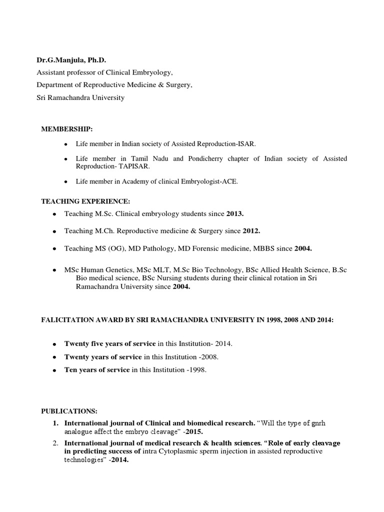 Manjula | PDF | In Vitro Fertilisation | Biology