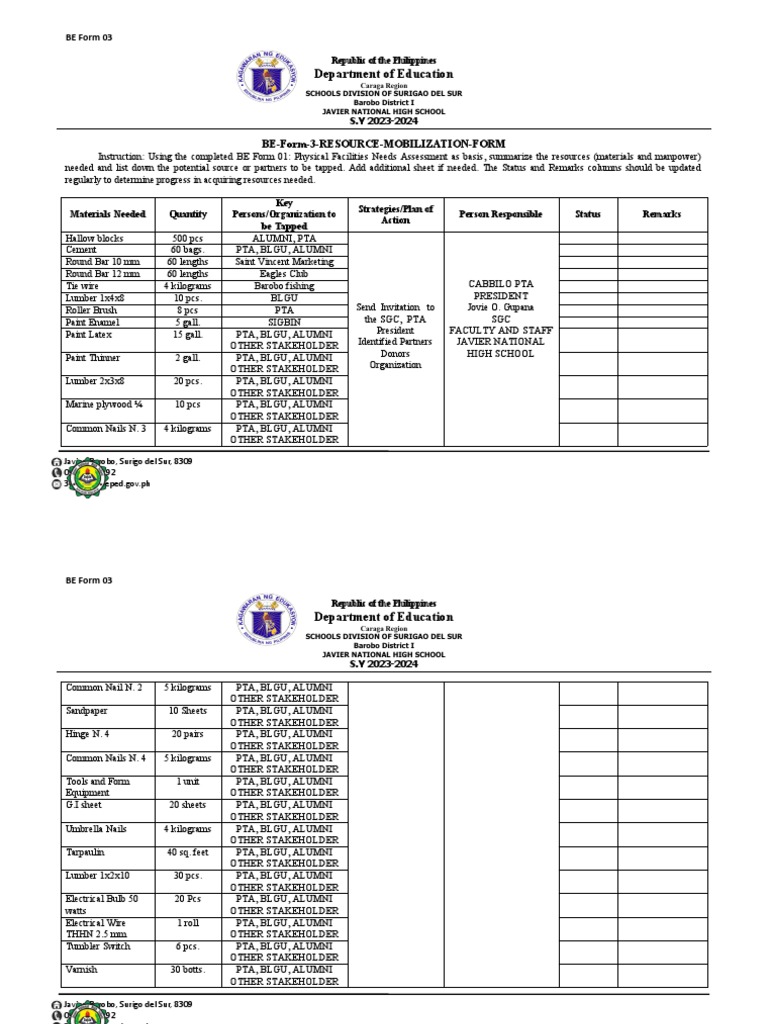 BE Form 3 RESOURCE MOBILIZATION FORM | PDF