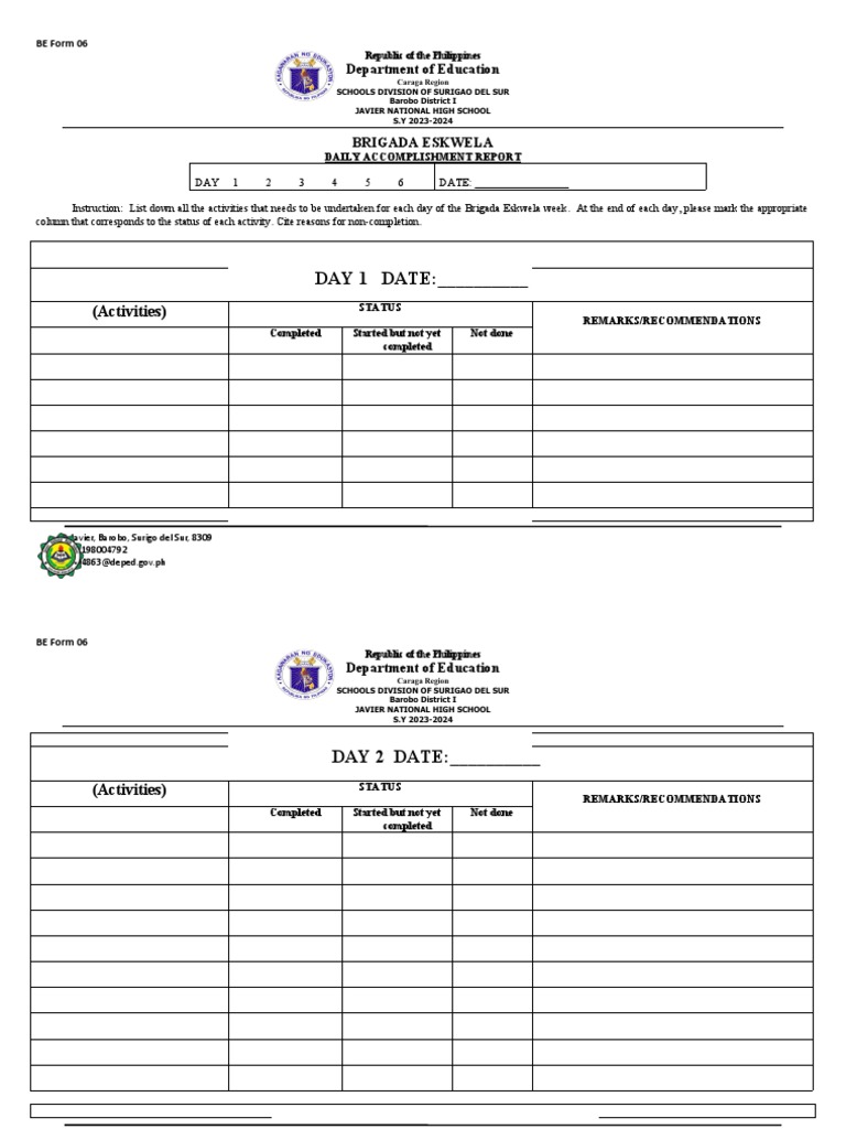 BE Form 6 DAILY ACCOMPLISHMENT REPORT | Download Free PDF | Asia ...