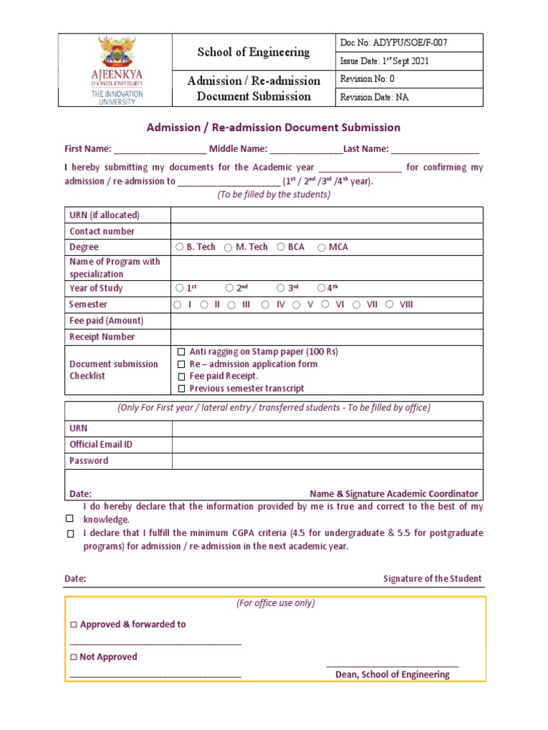 Admission - Readmission Form | PDF
