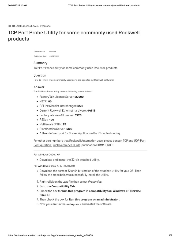 TCP Port Probe Utility For Some Commonly Used Rockwell Products | PDF ...