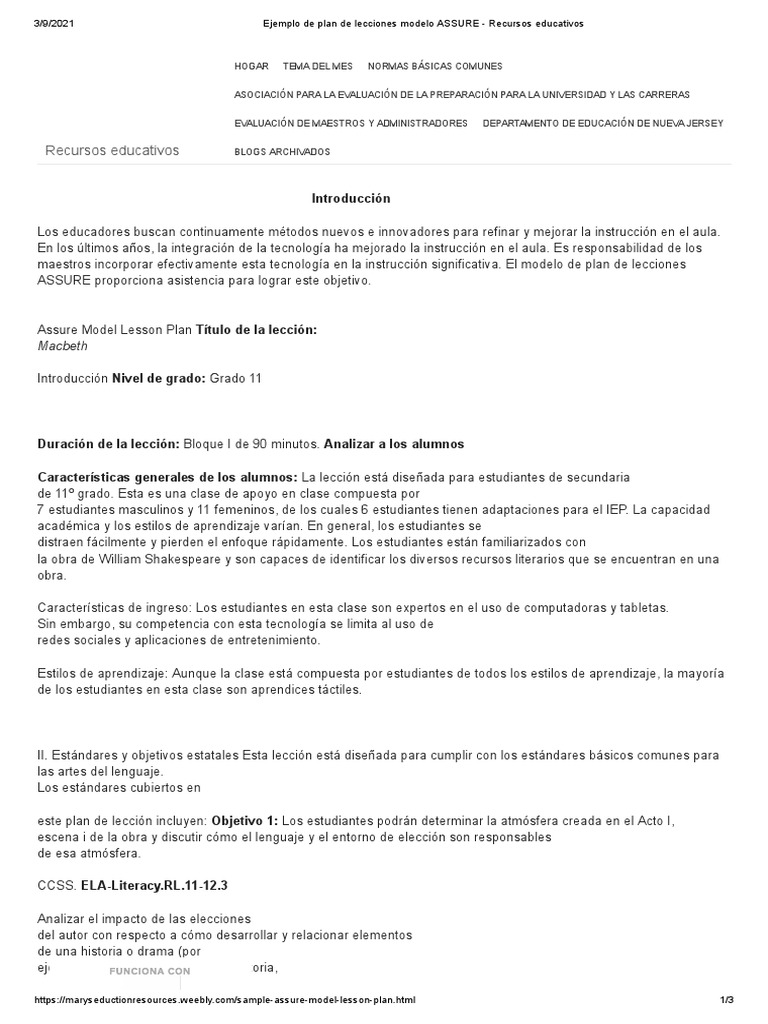 Ejemplo de Plan de Lecciones Modelo ASSURE - Recursos Educativos | PDF