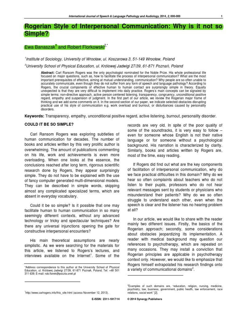 Rogerian Style Of Communication Florkowski Pdf Psychotherapy Empathy