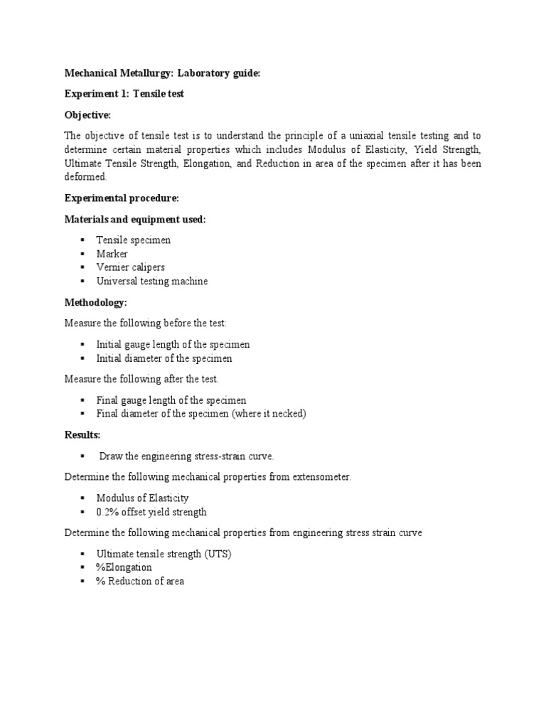 Mechanical Metallurgy practical guide (Tensile test) | PDF ...