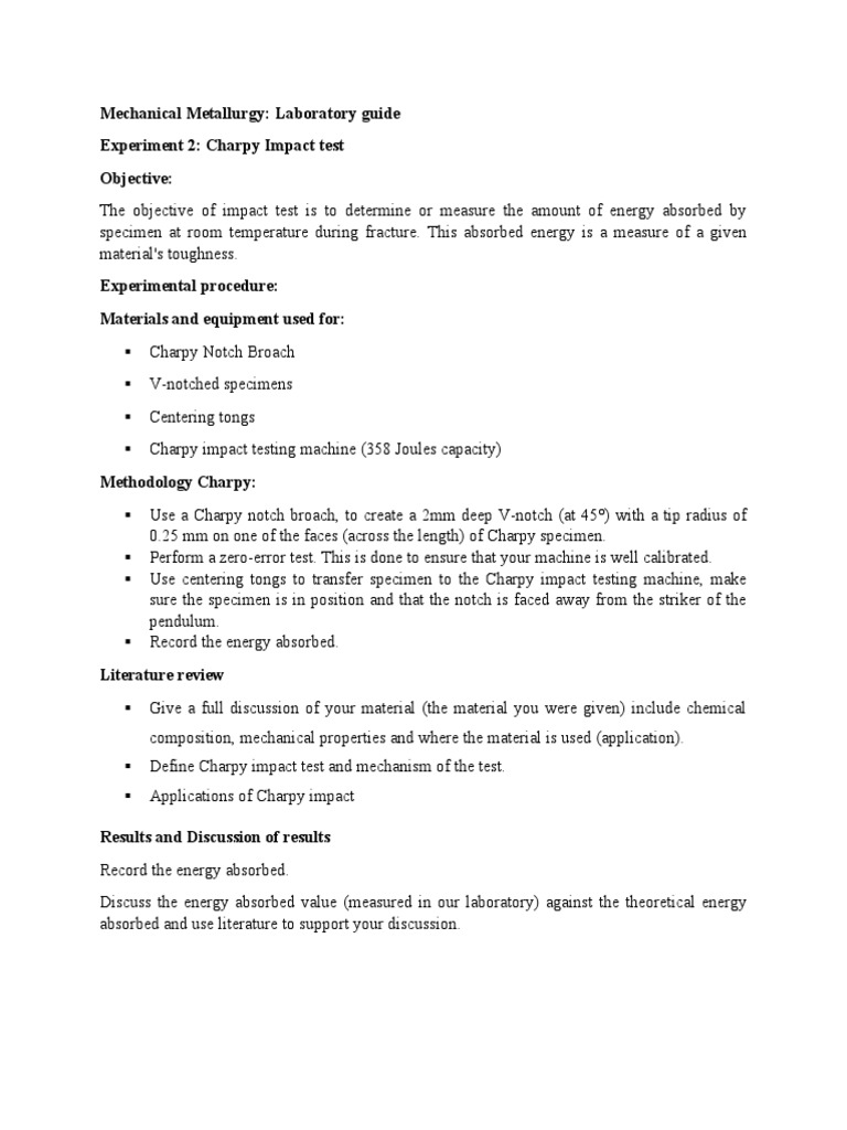 Mechanical Metallurgy Practical Guide (Charpy Impact Test) | PDF