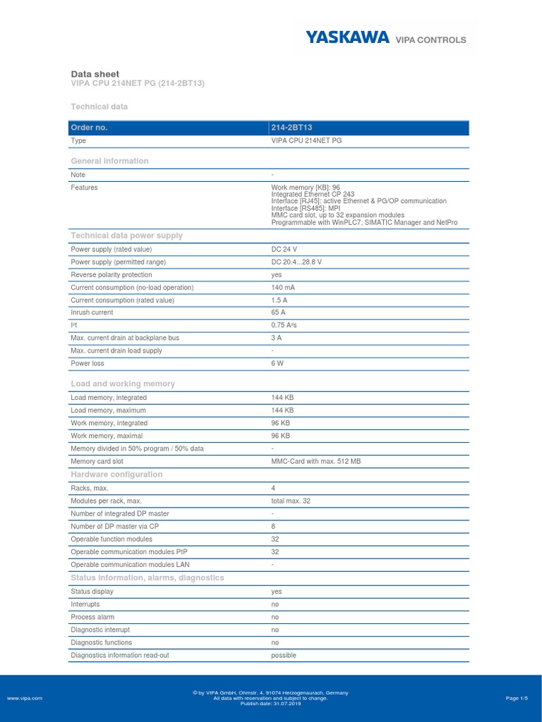 214 2BT13 VIPA Control Systems Data Sheet | Download Free PDF | Input/Output | Transmission ...