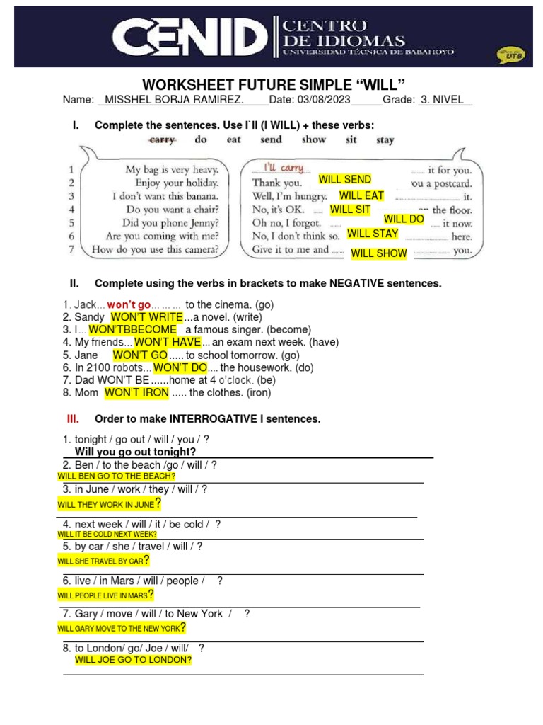Will Worksheet | PDF | Grammar | Morphology