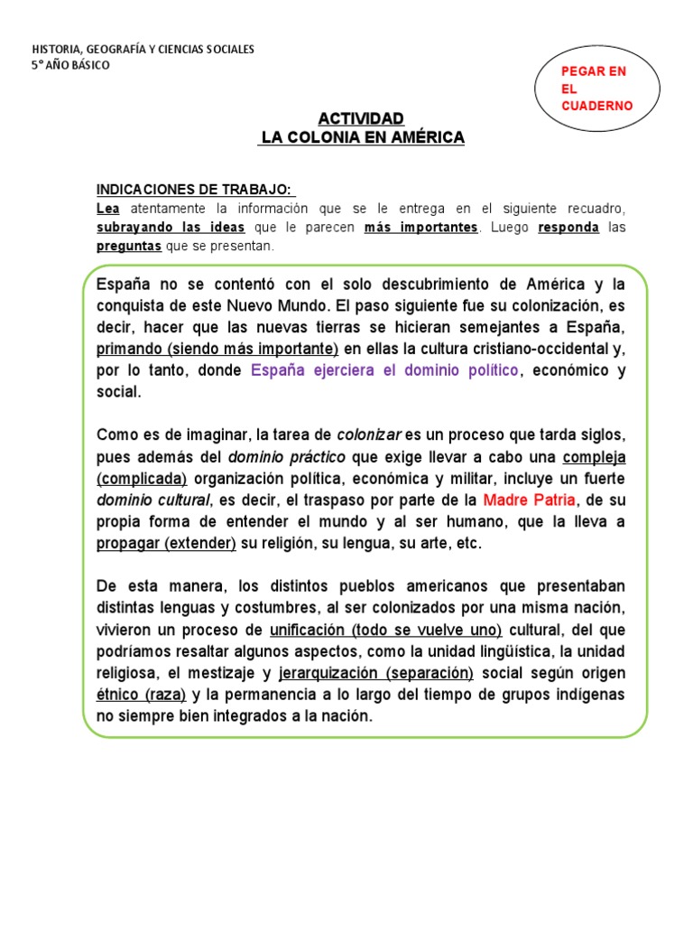 Comprensión Lectora, La Colonia en América, Historia, 5° Básico | PDF ...