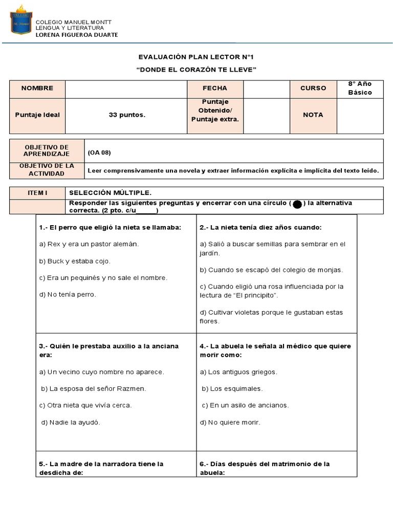 Prueba N°1 Plan Lector Donde El Corazón Te Lleve 8° Básico | PDF