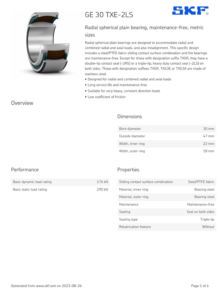 SKF GE 30 TXE-2LS Specification | PDF