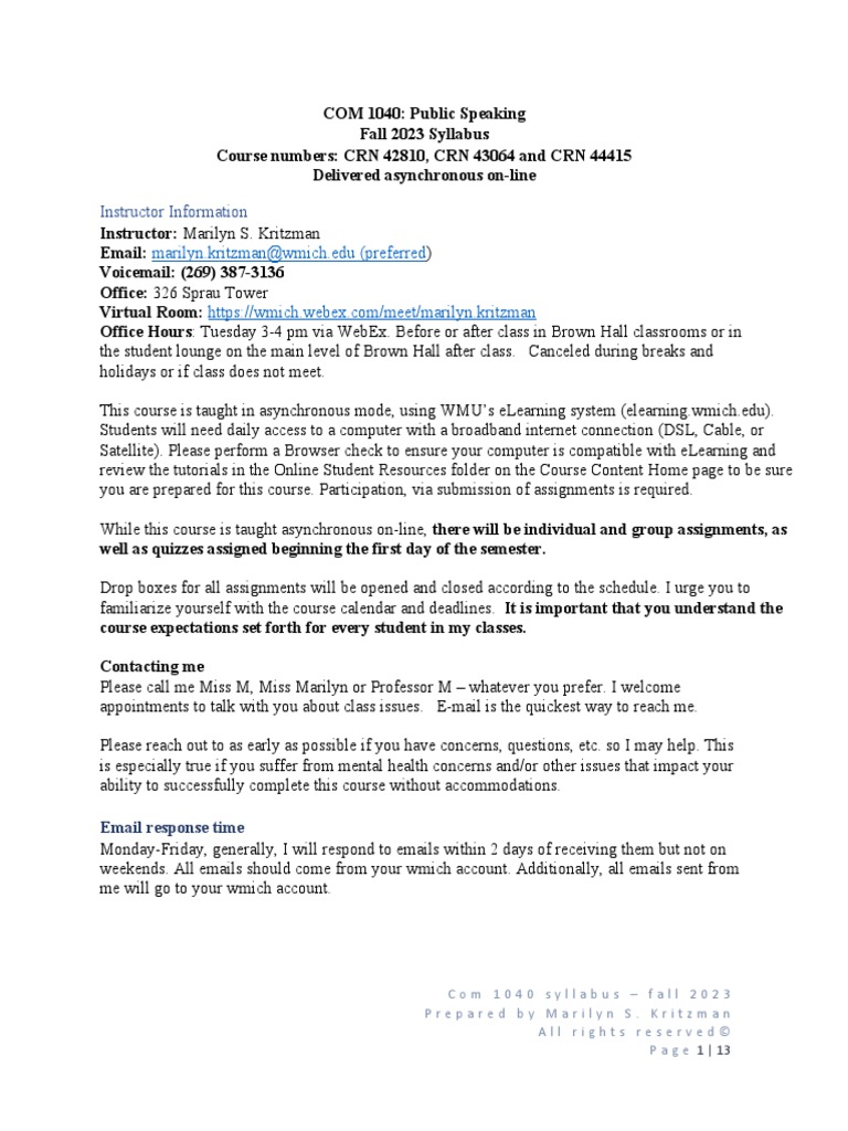 COM 1040 Syllabus Asynchronous Fall 2023 | PDF | Academic Dishonesty | Plagiarism