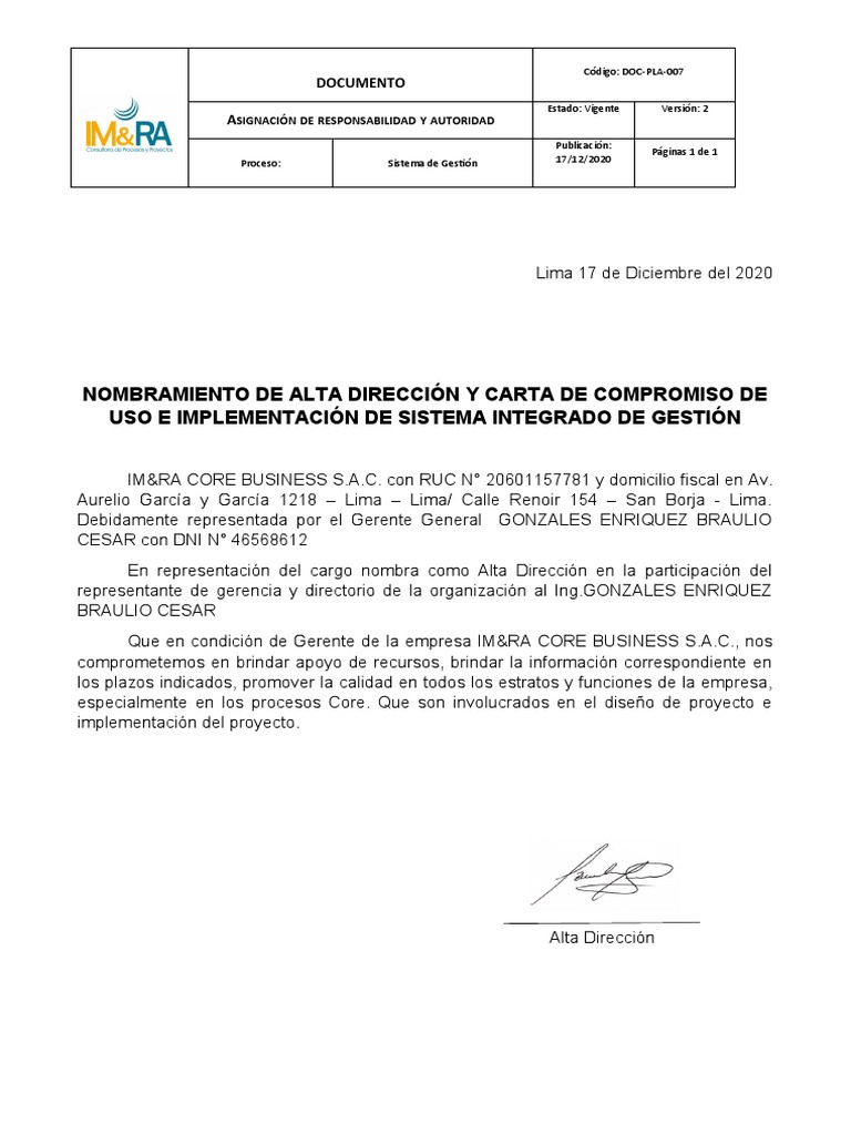 DOC-PLA-007 Carta de Compromiso y Alta Dirección SIG | PDF