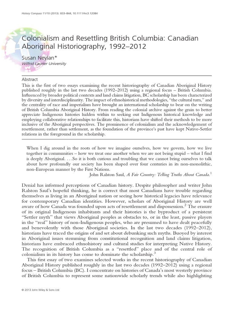 Susan Neylan, Canadian Aboriginal Historiography, 1992-2012, PT 1 | PDF ...
