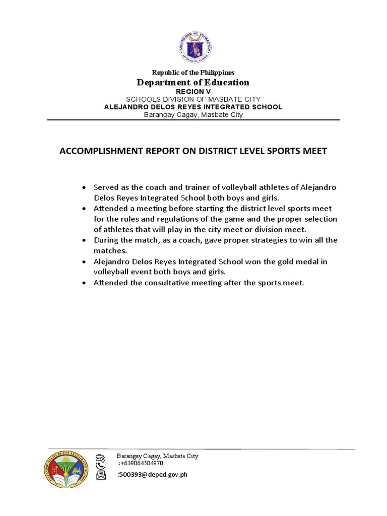 District Sports Meet Accomplishment Report | PDF | Sports & Recreation