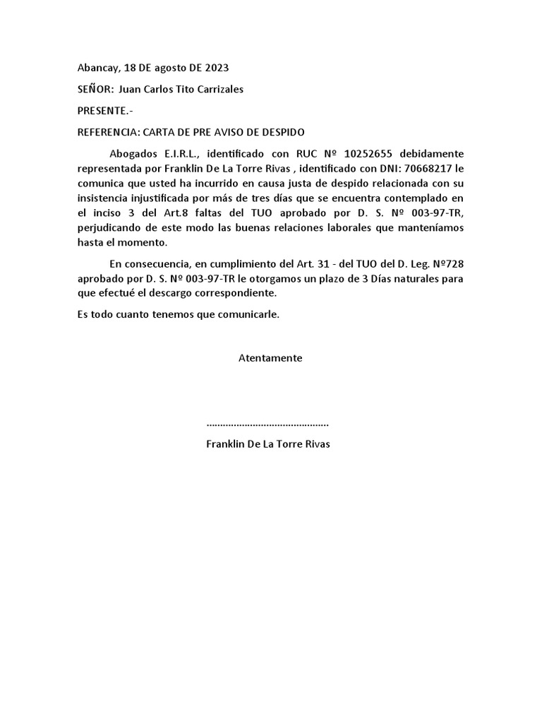 Carta de Cumplimiento de Contrato de Alquiler de Departamento | PDF