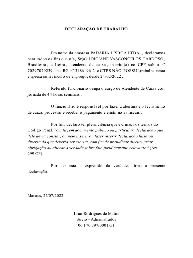 Declaracao Trabalho | PDF