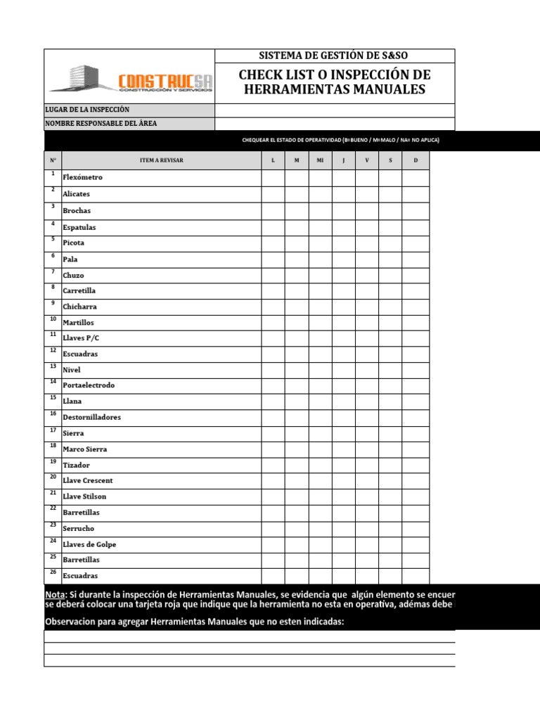 F-PR-024-CH01 Check List Herramientas Manuales MDO | PDF