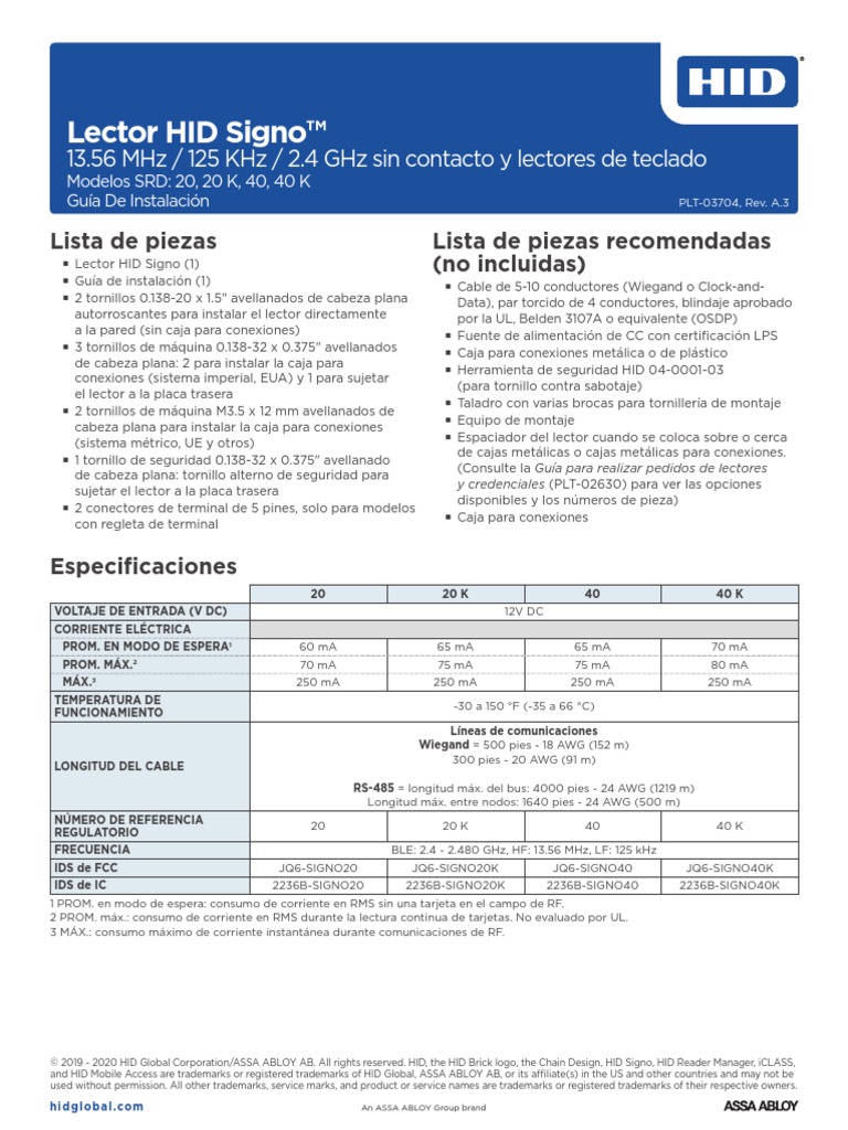 HID SIGNO20 Lector Multitecnologia Wiegand Guía Instalación Español ...