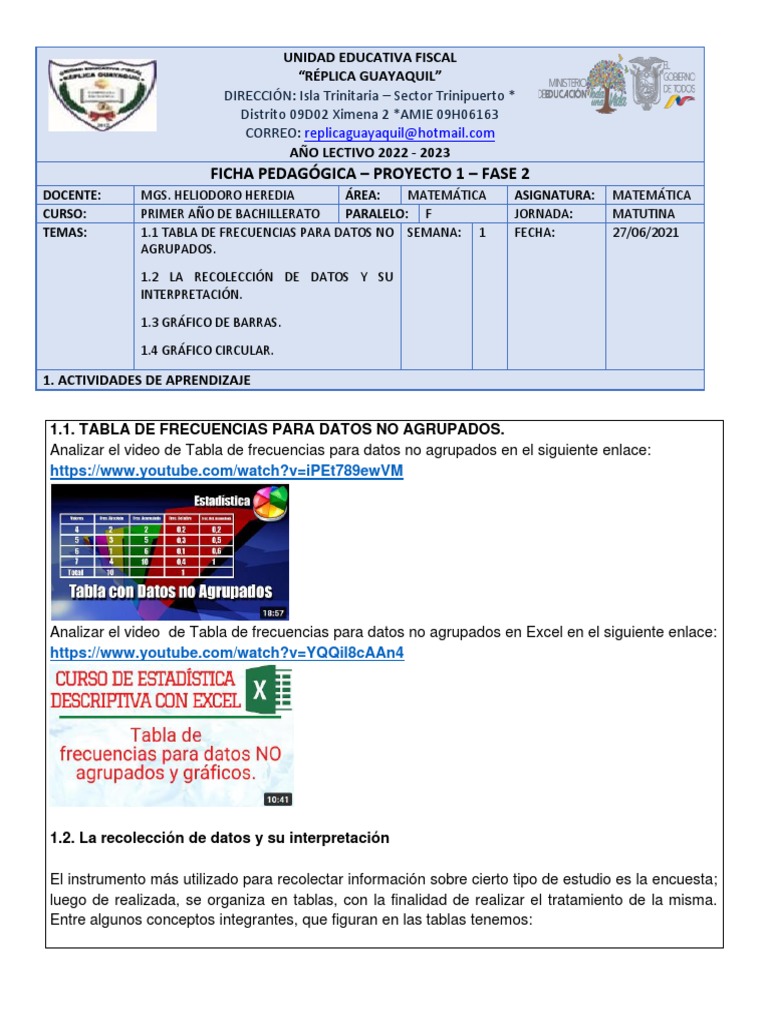 Ficha Mat 1°f Proy1 Sem1 27 06 2022 Representación Datos | PDF | Gráfico circular