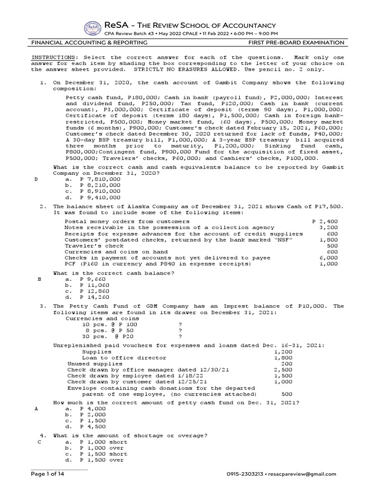 ReSA B43 FAR First PB Exam Questions Answers Solutions | PDF | Law