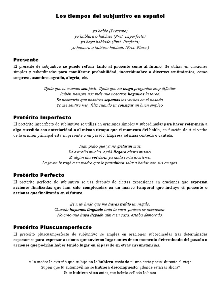 Los Tiempos Del Subjuntivo en Español | PDF | Mecánica del lenguaje ...