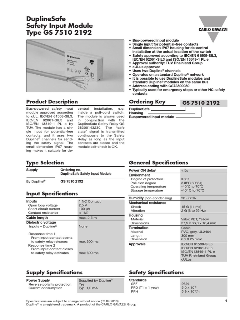 GS75102192 - Safety Input Module | PDF | Relay | International Electrotechnical Commission