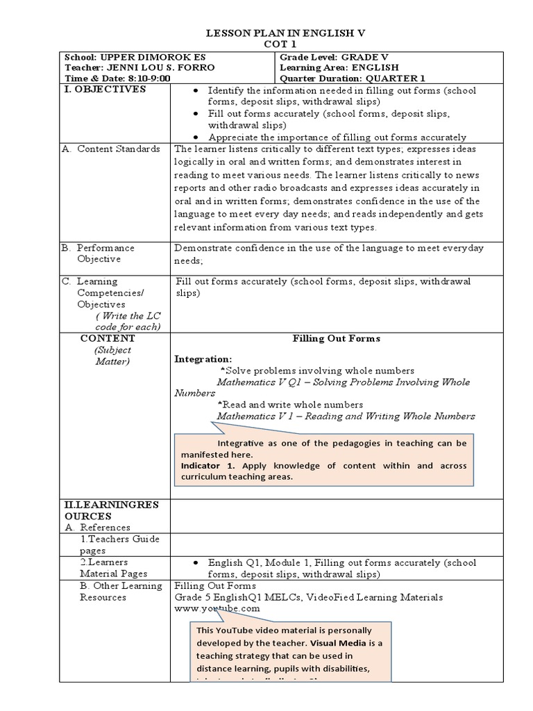 Pupil Activities in English Lesson Plan | PDF | Learning ...