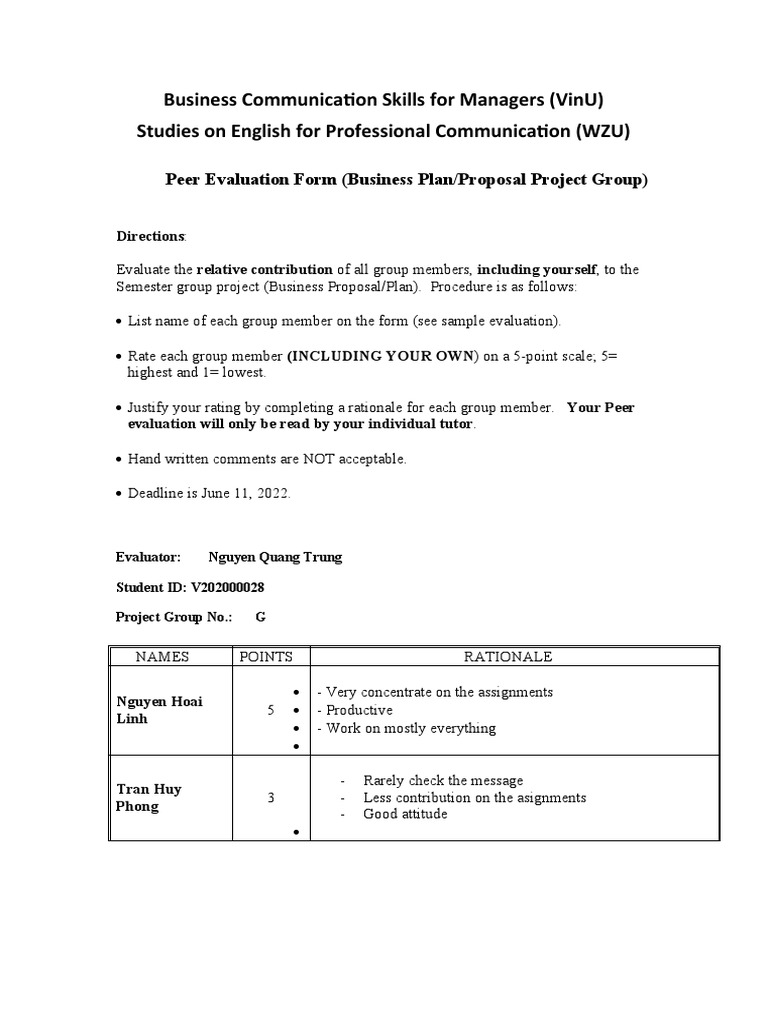 Peer Evaluation Form Template Sample Pdf
