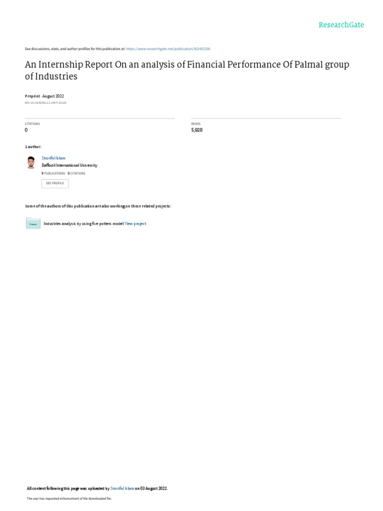 An Internship Report On An Analysis of Financial Performance of Palmal ...