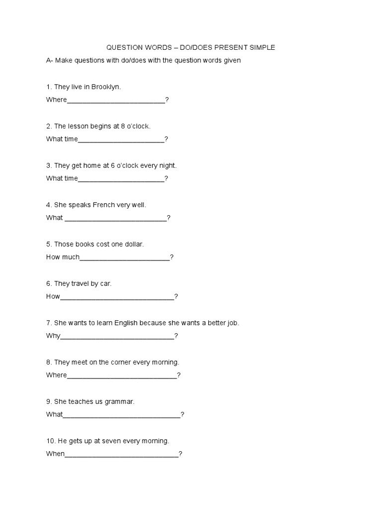 Do/Does WH Questions Worksheet | PDF