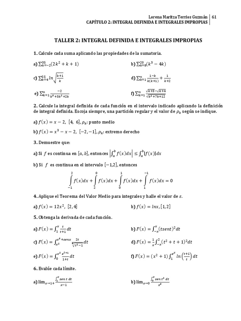 Taller de Integrale Definida e Impropias | PDF | Integral | Funciones y ...