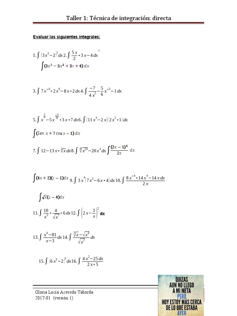 Taller N.1 Integral Directa (2017-01 | PDF | Ciencia y matemáticas ...