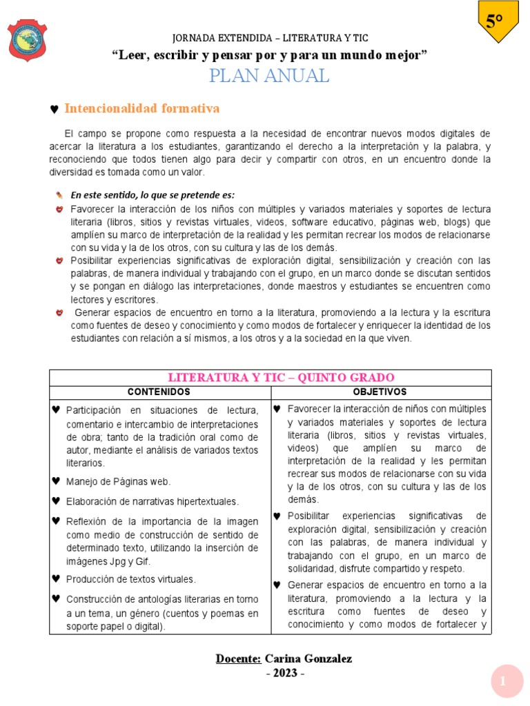 Plan Anual Literatura Y Tic 2023 Pdf