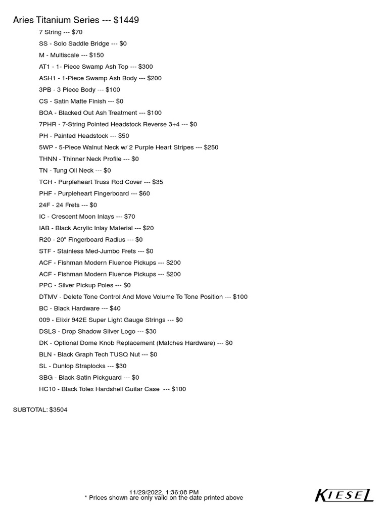 Kiesel Aries Titanium Series - $1449 Specs | PDF