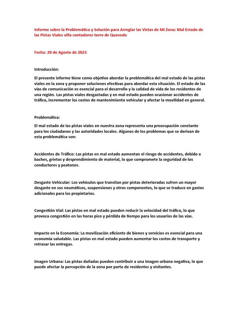 Informe Sobre La Problemática y Solución para Arreglar Las Vistas de Mi Zona | PDF | La ...