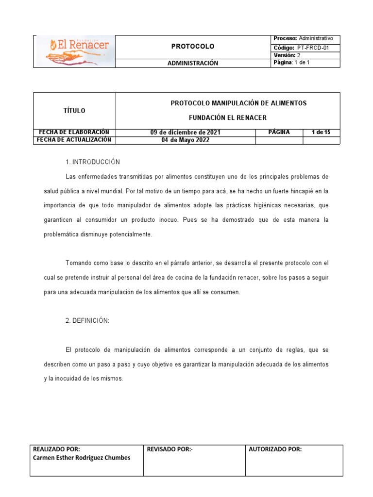 Protocolo Manipulacion de Alimentos Actualizados | PDF | Alimentos ...