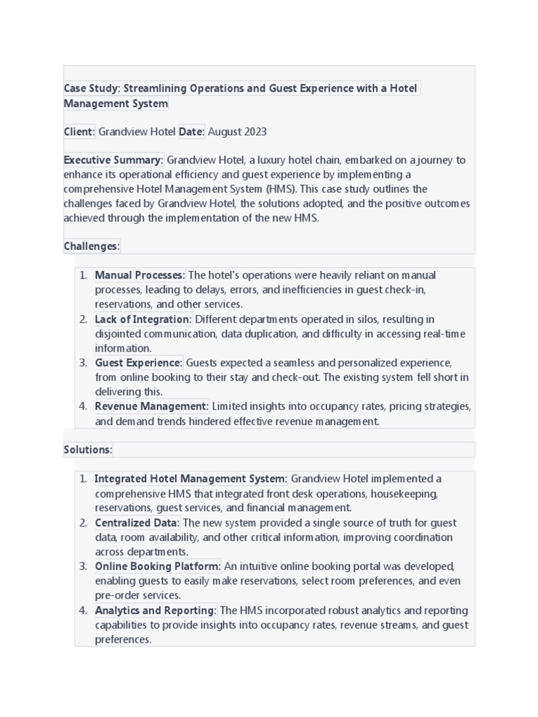 Case Study Hotel Management System | PDF | Analytics | Information Technology Management
