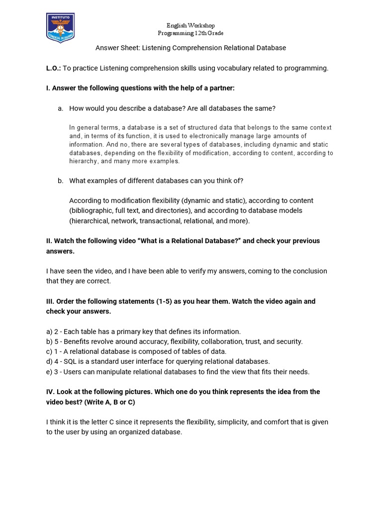 Answer Sheet Listening Comprehension Relational Database | PDF | Databases | Relational Model