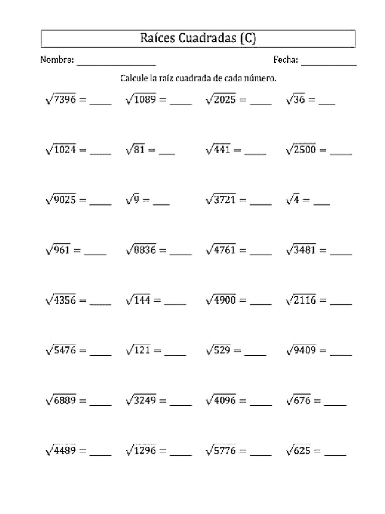 Hoja de Ejercicios RAIZ CUADRADA 4 Cifras | PDF