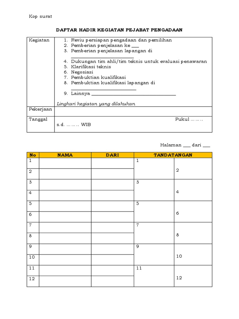 Form 1 Daftar Hadir Kegiatan Pejabat Pengadaan | PDF