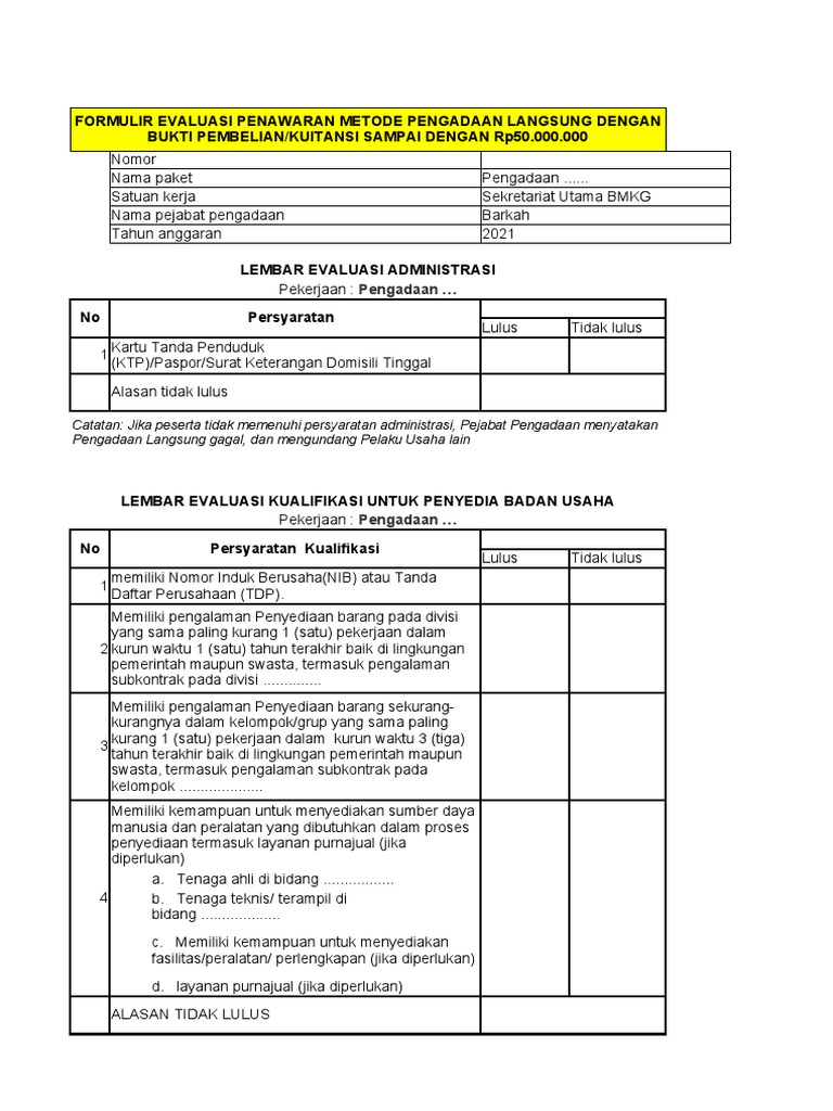 Form 24 Kertas Kerja Evaluasi Penawaran Pengadaan Langsung Barang Dan Jasa Lainnya DG Nota ...