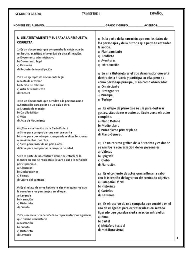 Examen Español Trimestre II | PDF | Narración | Cómics
